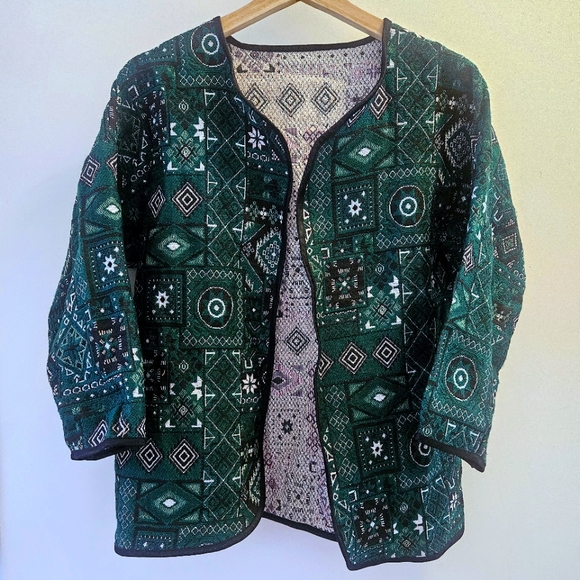 Jackets & Coats | Unique Green Geometric Pattern Jacket Front Open No ...